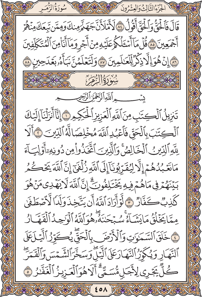 Surah Az-Zumar: Full Text - English - Page 458 - Verses from 1 to 5